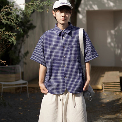 STA GTAL夏季潮牌日系格子短袖衬衫男女美式宽松cleanfit百搭衬衣