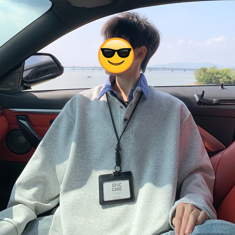美式格纹polo领百搭上衣拼接假两件卫衣男新款潮牌宽松设计感百搭
