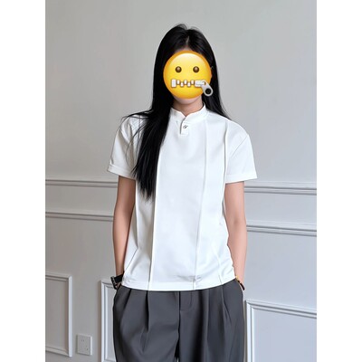 美式复古潮流解构拼接正肩T恤男夏季薄款亨利领polo衫短袖男上衣