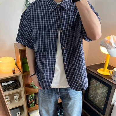 STA GTAL日系复古蓝格子短袖衬衫男女夏季cityboy百搭情侣衬衣ins