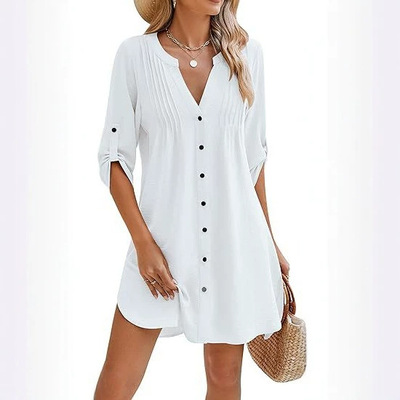 沙滩泳衣罩衫V领衬衫连衣裙Beach cover shirt loose shirt dress