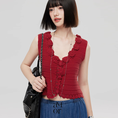 ayemorrey“勃艮第红玫瑰” 设计重工钩花玫瑰针织背心马甲上衣