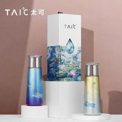 TAIC太可纯钛保温杯印象T型杯高档轻奢手工精雕叠彩莫奈睡莲茶杯