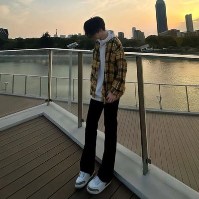 美式高街cleanfit黑色弯刀微喇牛仔裤春秋男女直筒显瘦百搭长裤子