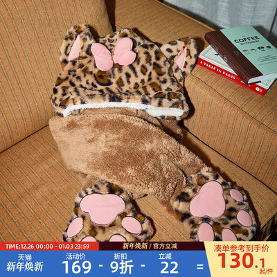 Gukoo/果壳帽子围巾一体包头帽冬季毛绒保暖豹纹三合一围脖手套