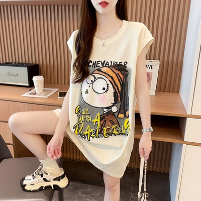 夏季连衣裙百搭无袖背心女2024新款宽松大码显瘦设计感卡通T恤裙