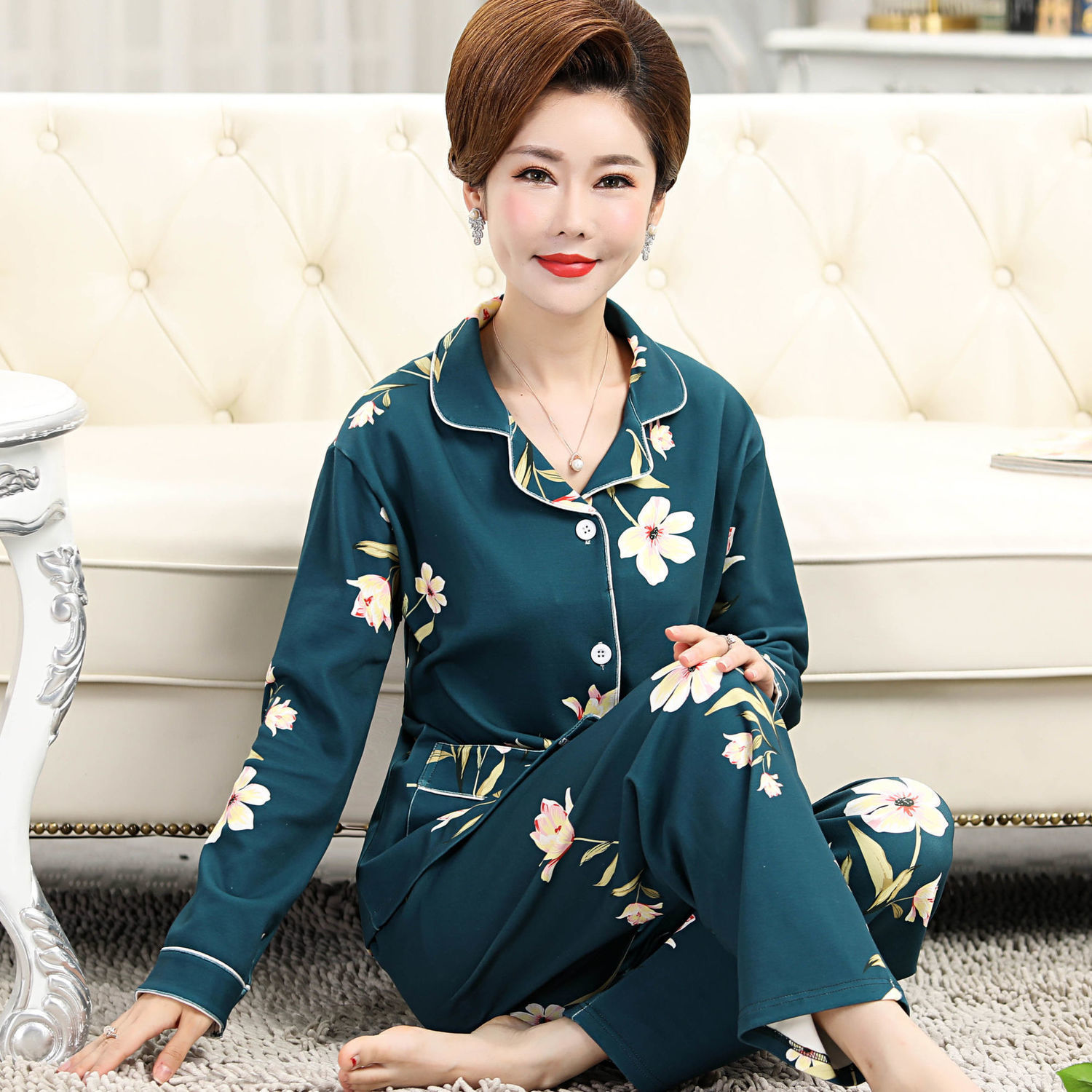 俞兆林中年妈妈睡衣女士春秋款纯棉长袖中老年人开衫套装宽松家居