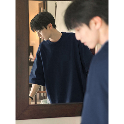 纯棉藏青色t恤男短袖全棉