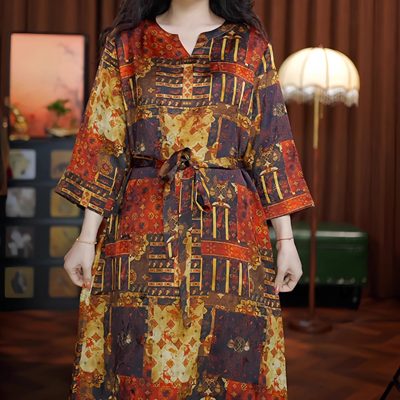 手如柔荑（桔黄色）V领老料提花女装新款七分袖长款上衣连衣裙