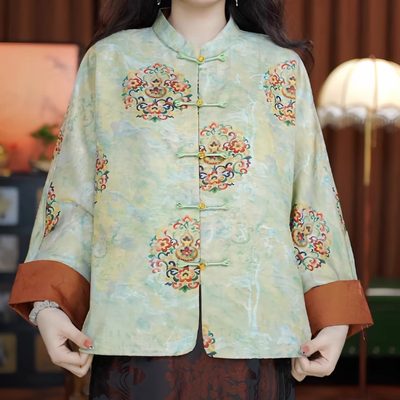 知音难寻（浅蓝色）圆领老料女装新款长袖提花短款上衣开衫盘扣