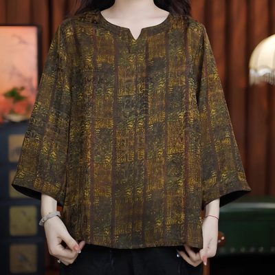 玉软花柔（棕色）V领老料女装新款长袖提花短款上衣