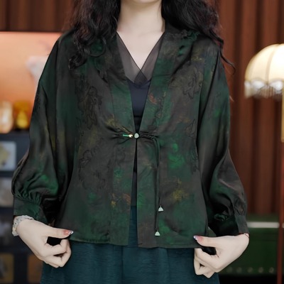 仪态万方（墨绿色）新中式宽松上衣盘扣短袖老料国风开衫