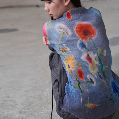 JT JANE小众设计短袖微透褶皱亲肤不规则压褶印花天丝上衣