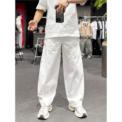 夏季潮牌纯棉白色男士阔腿裤