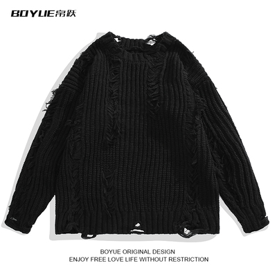 BOYUE帛跃破洞流苏纯色针织衫男