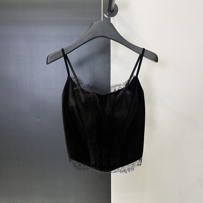 法式小众蕾丝拼接黑色吊带背心