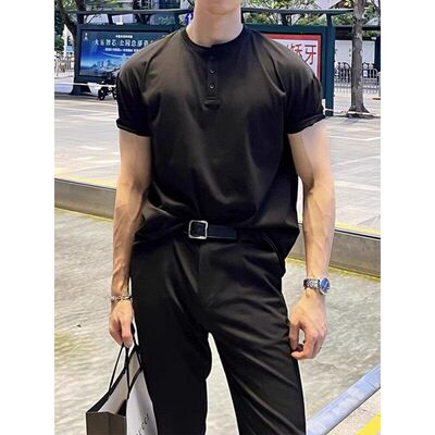 美式亨利领T恤sor夏季短袖纯色透气户外运动亨利衫休闲男上衣