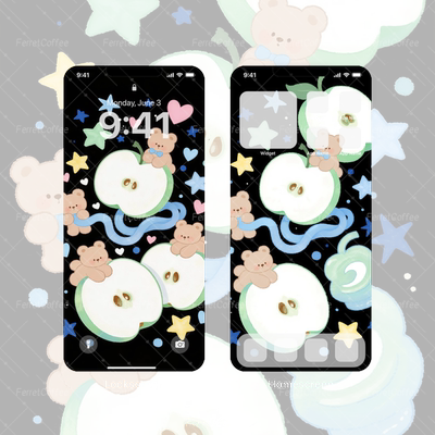 软萌小熊绿苹果星星切片黑色 原创高清手机头像壁纸 2张 BI_0059