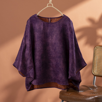 优雅晕染紫色桑蚕丝真丝桑波缎红云纱花萝蝙蝠袖上衣显瘦女士T恤