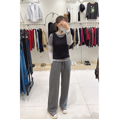 韩国代购gracia磨毛直筒卫裤女 松紧抽绳腰 软糯垂感休闲长裤秋冬