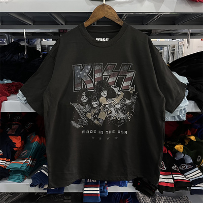 日单夏季KISS乐队摇滚朋克美式街头宽松vintage棉TEE男士短袖T恤
