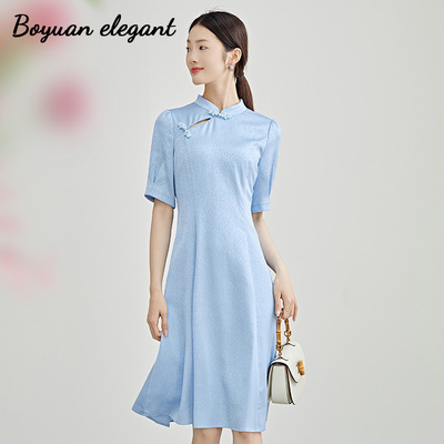 蓝色高级感提花连衣裙女