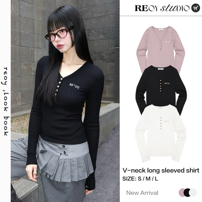 REOY Stu”韩系ason字母刺绣v领纽扣显瘦纯色百搭针织长袖上衣3色