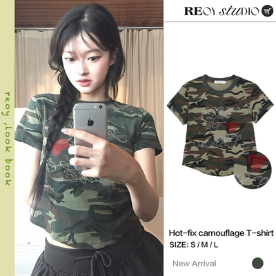 REOY Stu”韩版ian郑伊安同款复古辣妹烫钻字母修身辣妹短袖T恤女