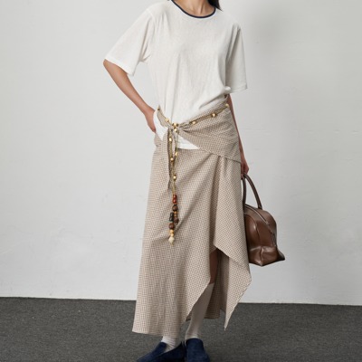 早秋牛仔提花格纹不规则半裙