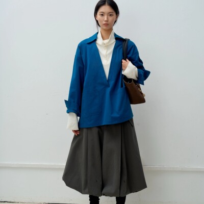 PIECE MIND深V套头长袖宽松休闲内搭衬衫