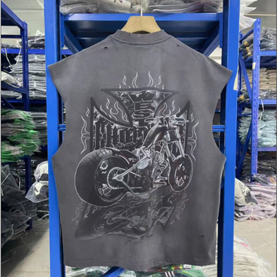 复古摩托车印花做旧宽松背心
