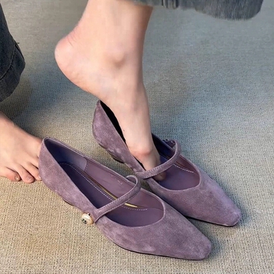 羊皮版~ 法式尖头一字带玛丽珍鞋女浅口珍珠单鞋配裙子晚风仙女鞋