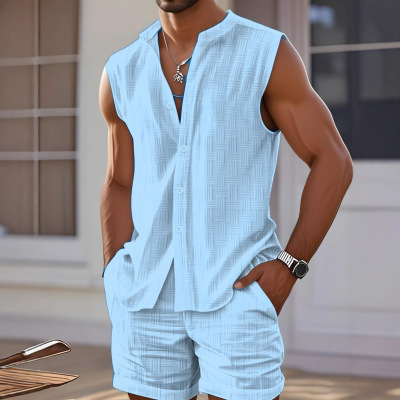 Men's vest shirt casual loose shorts beach set男衬衫短裤套装