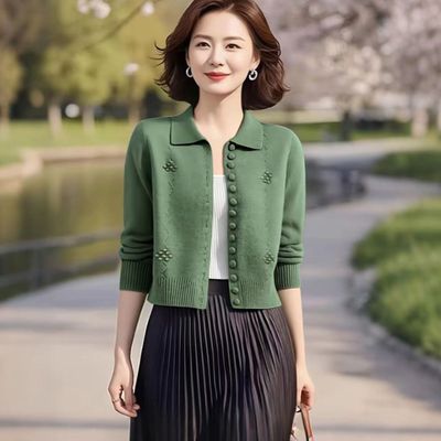 小个子毛衣外套女装高档短款秋冬季翻领刺绣百搭上衣针织开衫外搭