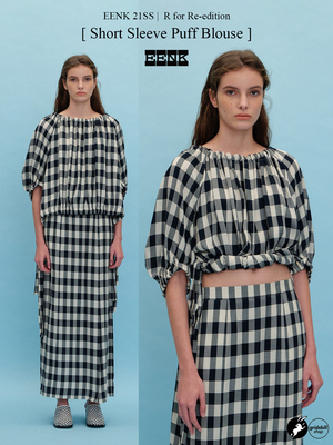 现货买手店一字肩格纹泡泡袖上衣