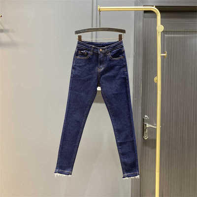 普洗蓝紧身高腰弹力春秋季新款