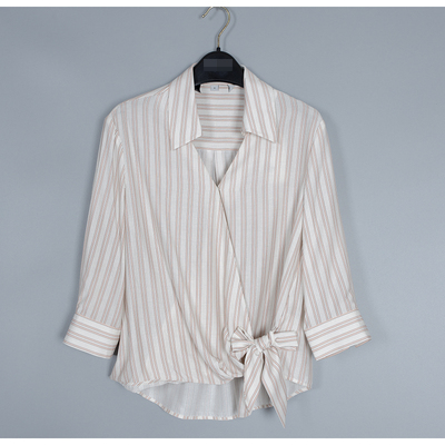 BTT高端品牌女装折扣专柜正品特卖粘纤+桑蚕丝条纹七分袖V领衬衫