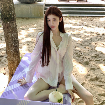 韩雨嘉条纹宽松衬衫系带短裤