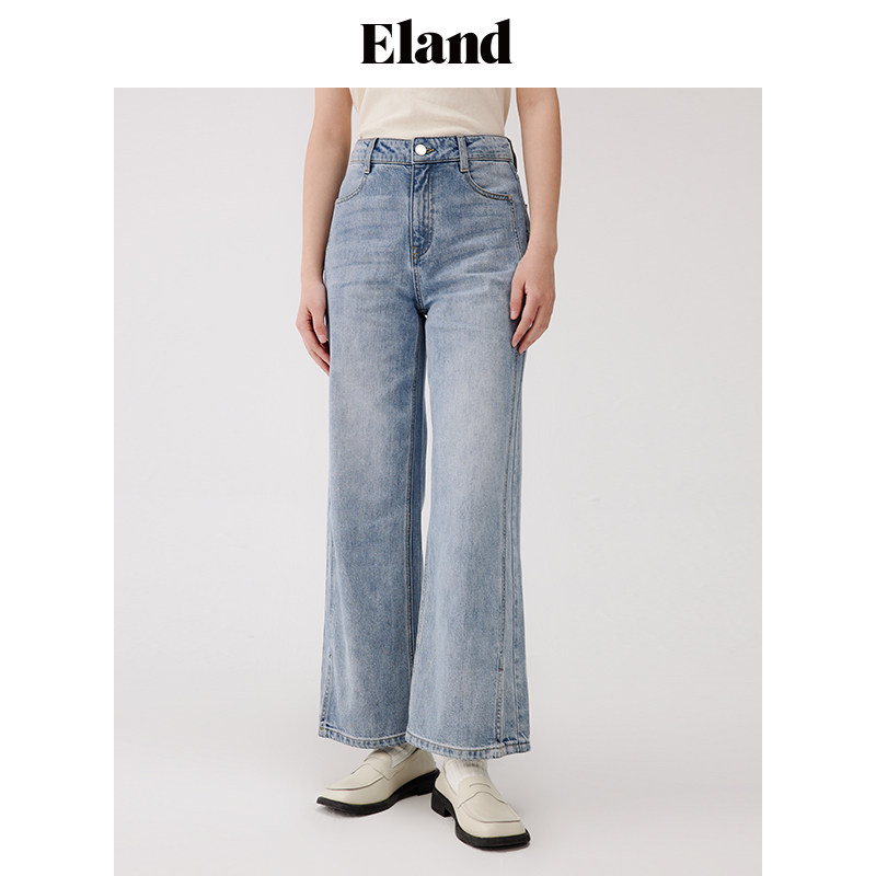 Eland衣恋复古时髦高腰阔腿牛仔裤长裤女_虎窝淘