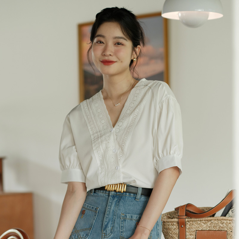 法式夏季复古白色设计感短袖衬衫高级感宽松气质衬衣上衣女全棉_虎窝淘
