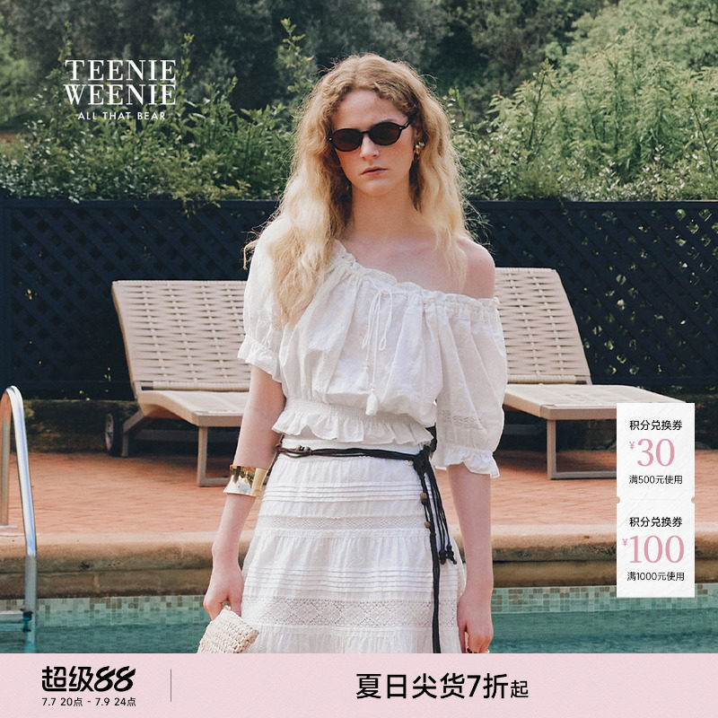 TeenieWeenie小熊女装衬衫夏日精致设计感一字肩上衣露肩雪纺衫