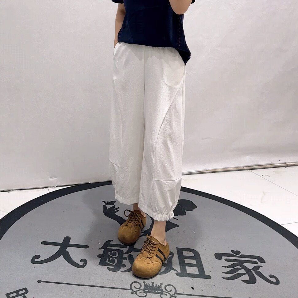 3682芮娜依莲夏款新品松紧腰遮肉显瘦侧边开剪花苞裤加大码女裤