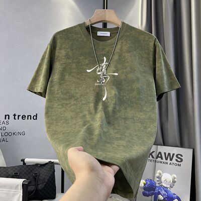 中国文字水洗做旧短袖男夏季美式hiphop复古高街宽松半袖体恤上衣