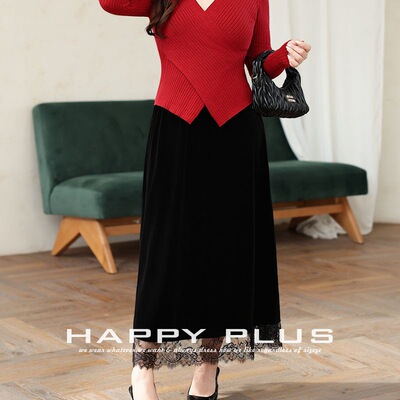 丝绒蕾丝拼接a字高腰中长半裙润