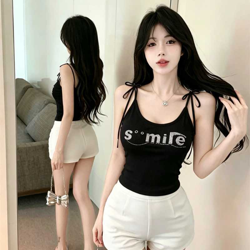 实力工厂美式复古甜酷辣妹烫钻小吊带背心女秋季外穿修身无袖上衣