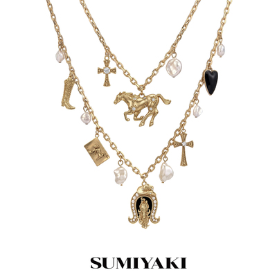 复古双层项链马术帽靴子锁骨链