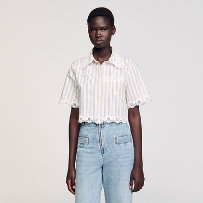 maSande法国S家25夏季新款蕾丝花边竖条纹棉麻短袖衬衫短款CM0136