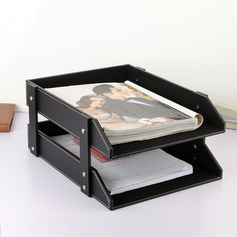 皮质桌面文件架双层文件盘资料框夹创意办公用品收纳架_虎窝淘