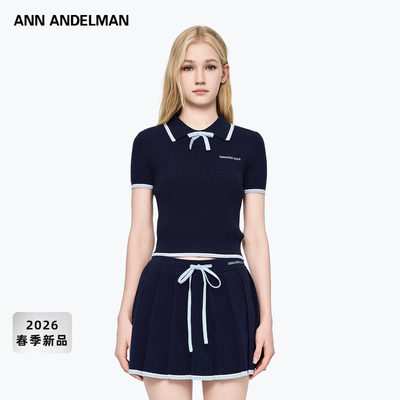 ANN ANDELMAN蝴蝶结针织POLO衫修身显瘦翻领撞色休闲短袖T恤上衣