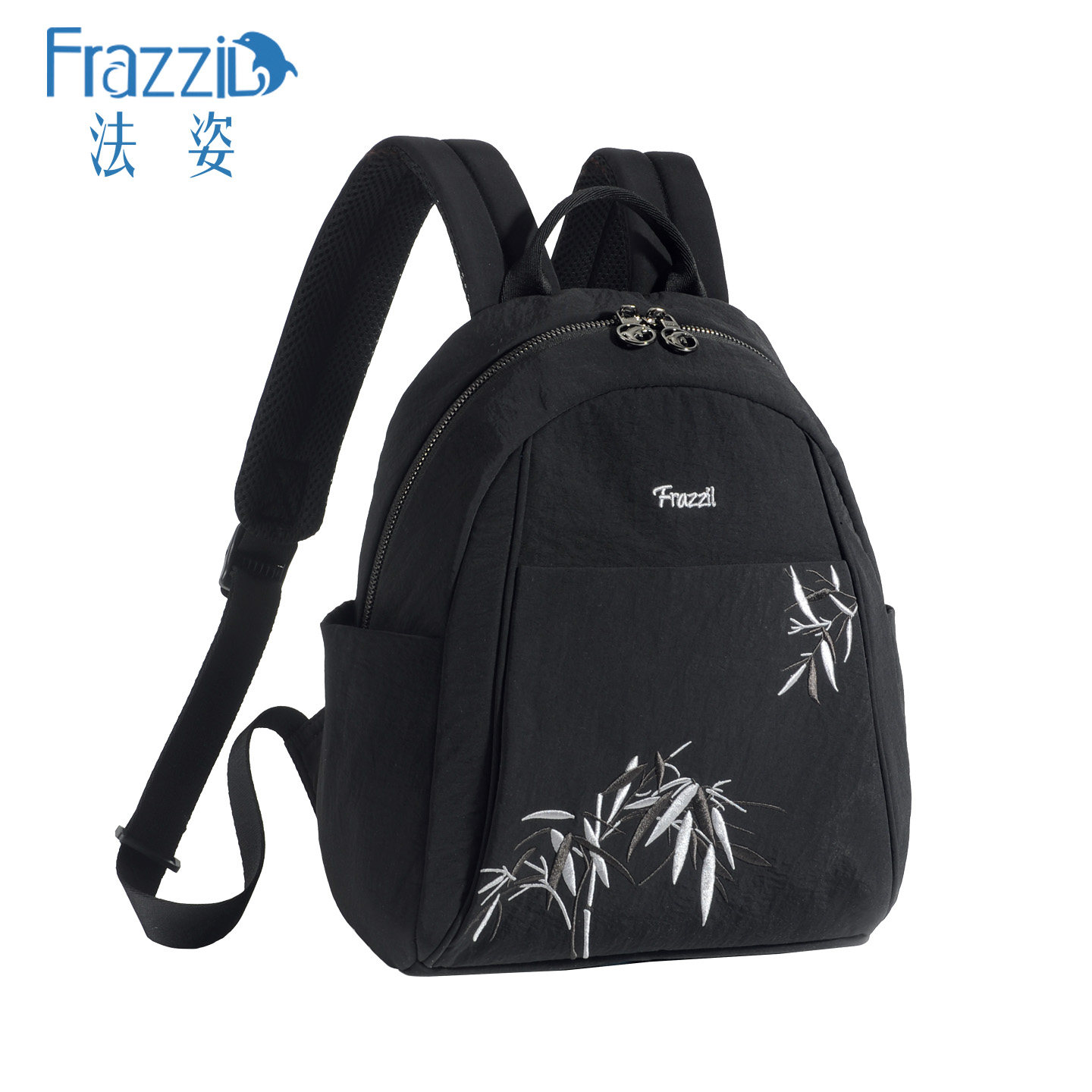 Frazzil/法姿复古双肩包女刺绣竹叶轻便多层旅行背包时尚百搭小包